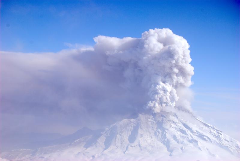 Photograph of Redoubt Volcano in eruption taken during observation and ...