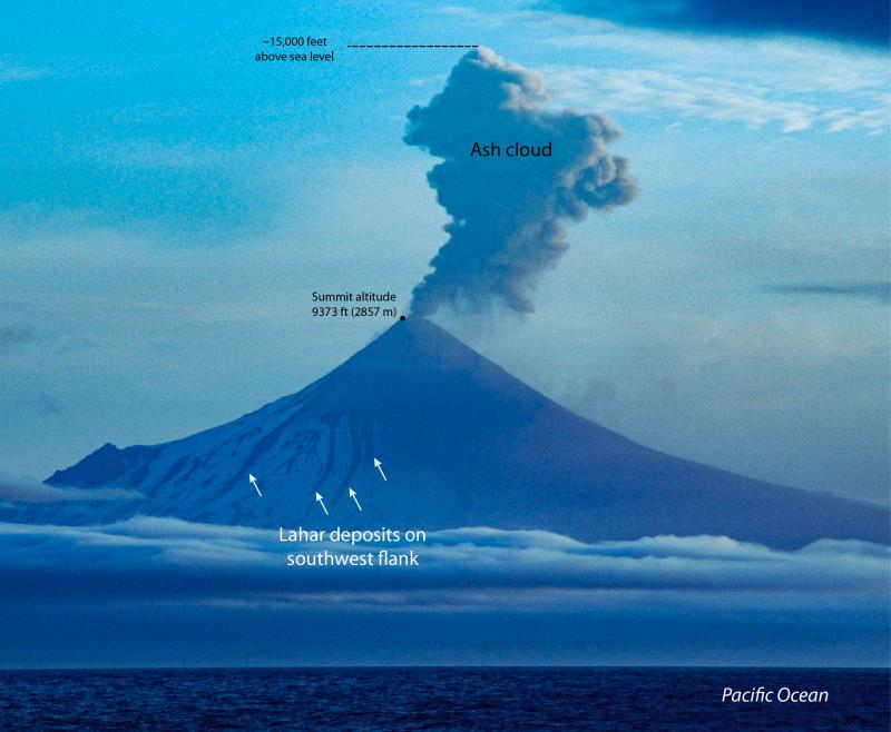 Shishaldin Volcano erupting on the morning of July 14, 2023. Ash cloud ...